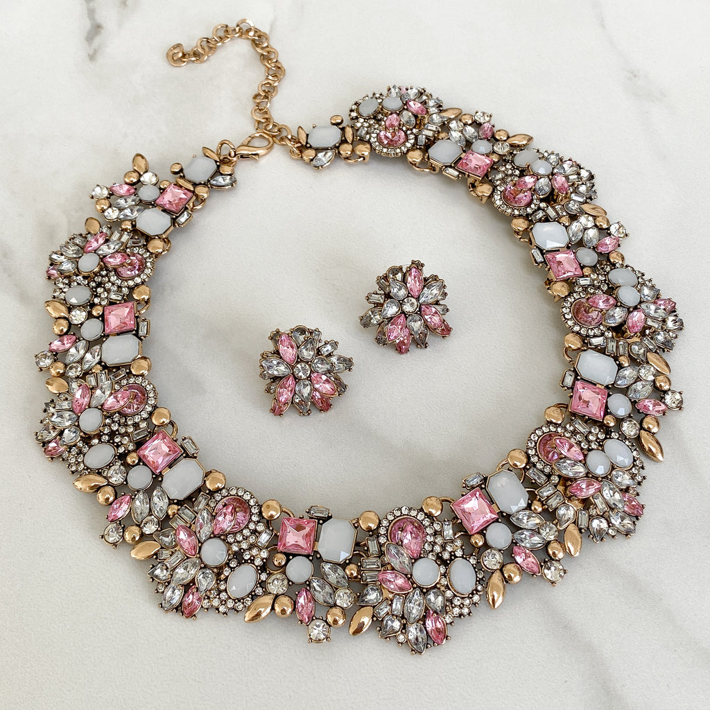 Pink & Gold Necklace & Earring Set | Statement Jewellery | FREE Gift Box