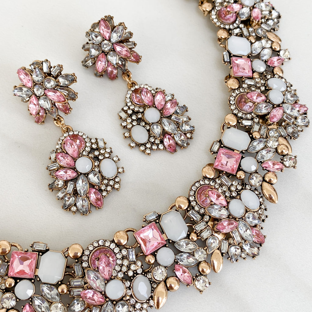 Pink & Gold Necklace & Earring Set | Statement Jewellery | FREE Gift Box